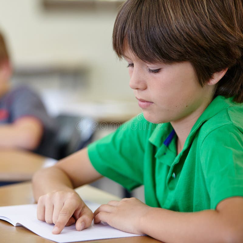 Classroom, Notebook and Child at Desk, Reading and Education for ...