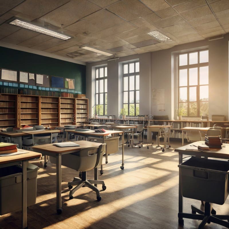 A Classroom with Numerous Shelves and Desks Neatly Arranged for Students To Study and Store ...