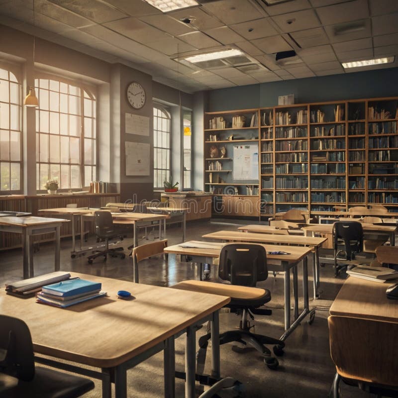 A Classroom with Numerous Shelves and Desks Neatly Arranged for ...