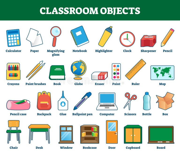 Classroom Objects Vector Illustration. Labeled Collection for Kids ...