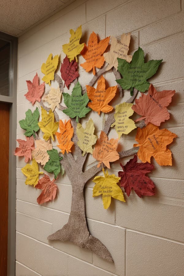 Classroom Paper Tree with Colorful Fall Leaves Displaying Handwritten ...
