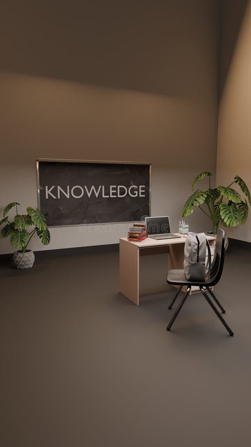 Classroom Perspective with Desk, Laptop, Books, Backpack and Knowledge ...
