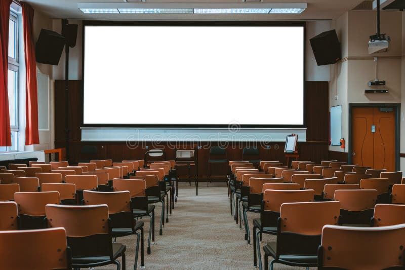 Classroom with Projector Screen and Whiteboard There are Many Chairs in ...