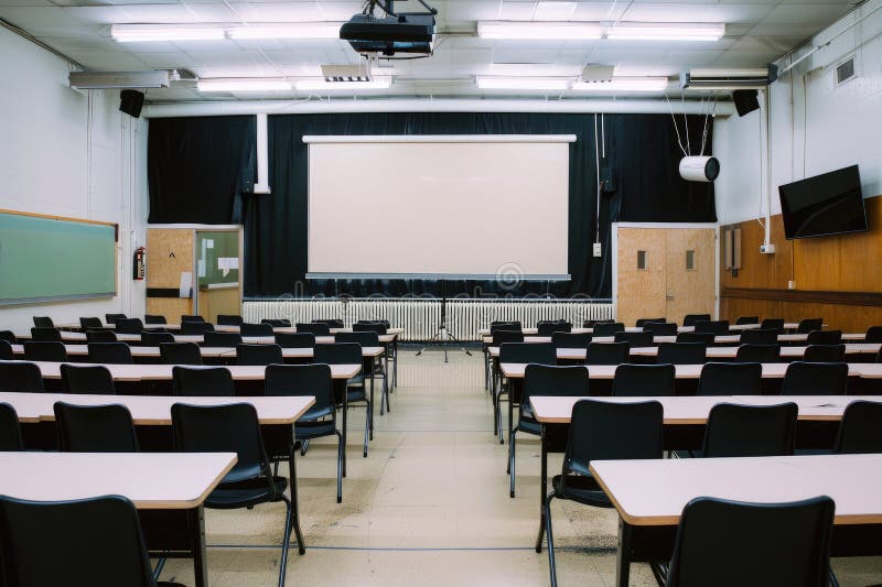 Classroom with Projector Screen and Whiteboard There are Many Chairs in ...