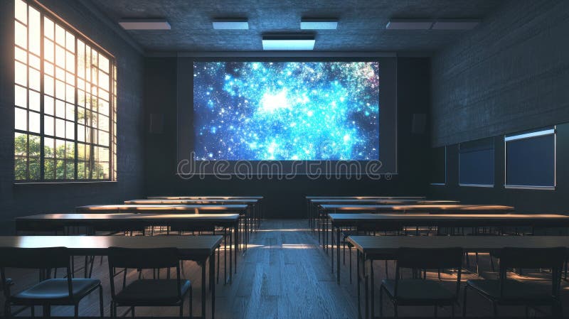 Classroom with Galaxy Projection Screen Lit Up Stock Illustration ...