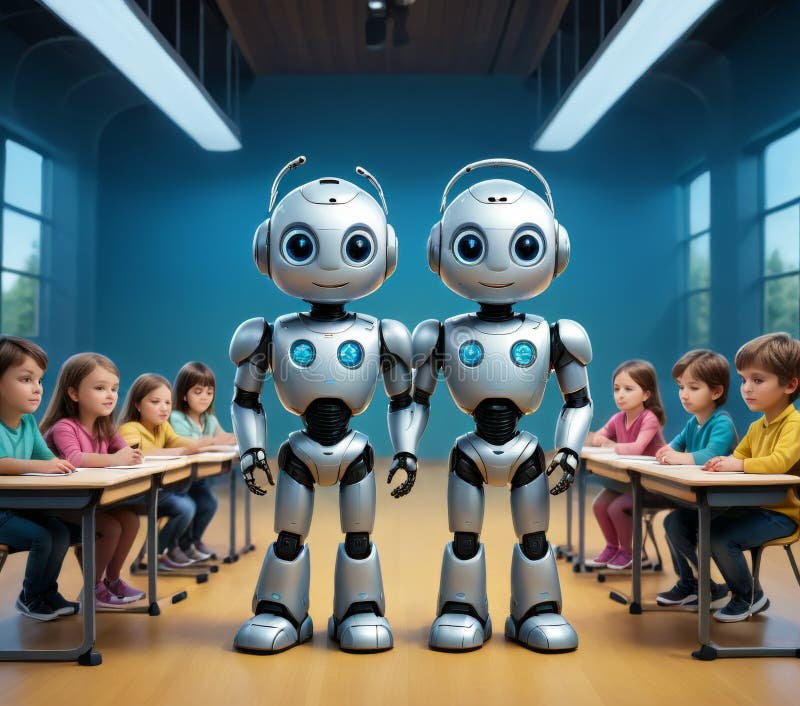Classroom with Robots and Children Learning Together Stock Illustration ...