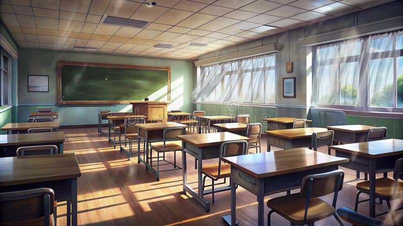 A Classroom with Rows of Benches and Tables and a Large Blackboard and ...