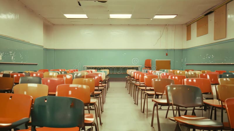 A Classroom with Rows of Desks and Chairs, All Neatly Arranged, a ...