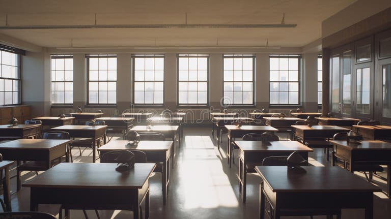 Classroom with Rows of Desks and Chairs Arranged in an Organized Manner ...