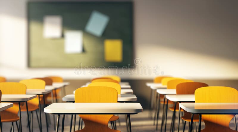 Classroom with Rows of Desks and Chairs, a Chalkboard in the Background ...