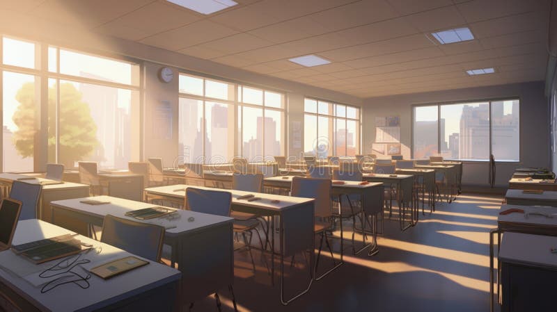 Classroom with Rows of Desks and Chairs, Illuminated by Cinematic ...