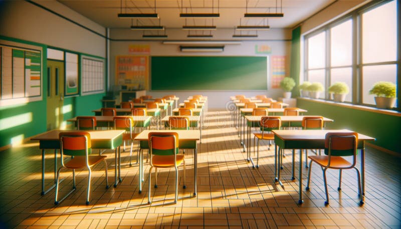 Classroom with Rows of Desks and Sunlight. Stock Image - Image of ...