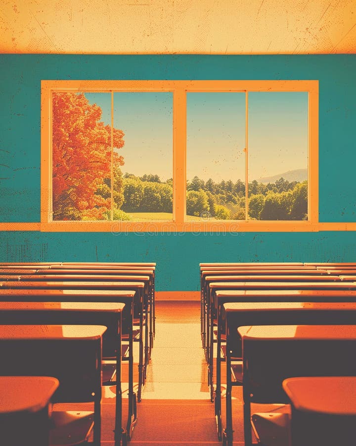 Classroom with Rows of Empty Desks, Large Window Revealing Vibrant ...