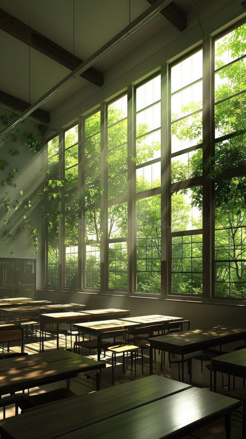 A Classroom with Rows of Empty Desks Sits Beneath a Large Window ...
