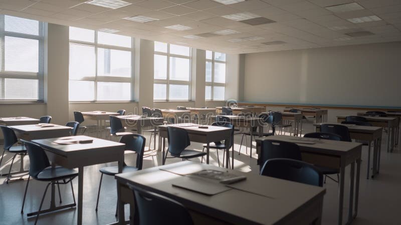Cinematic Lights Organized Classroom with Rows of Desks and Chairs AI ... Cinematic Lights Organized Classroom with Rows of Desks and Chairs AI ...