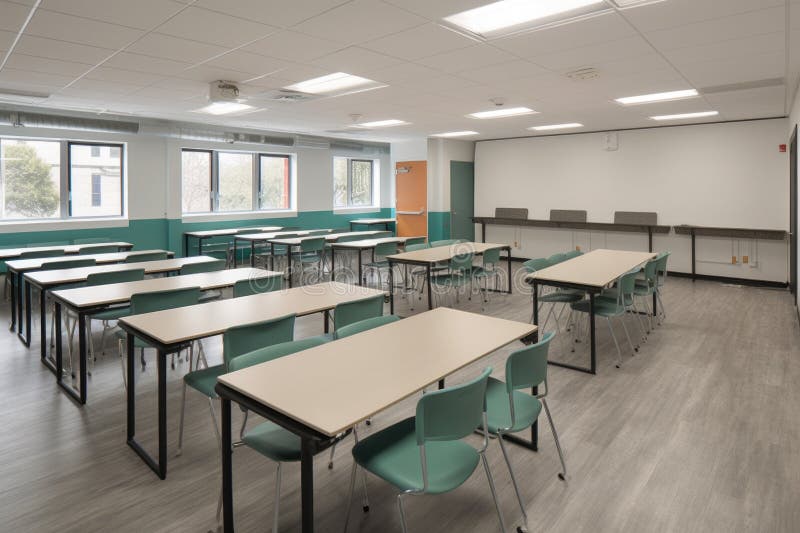Classroom with Rows of Tables and Chairs, Ready for Students To Take ...