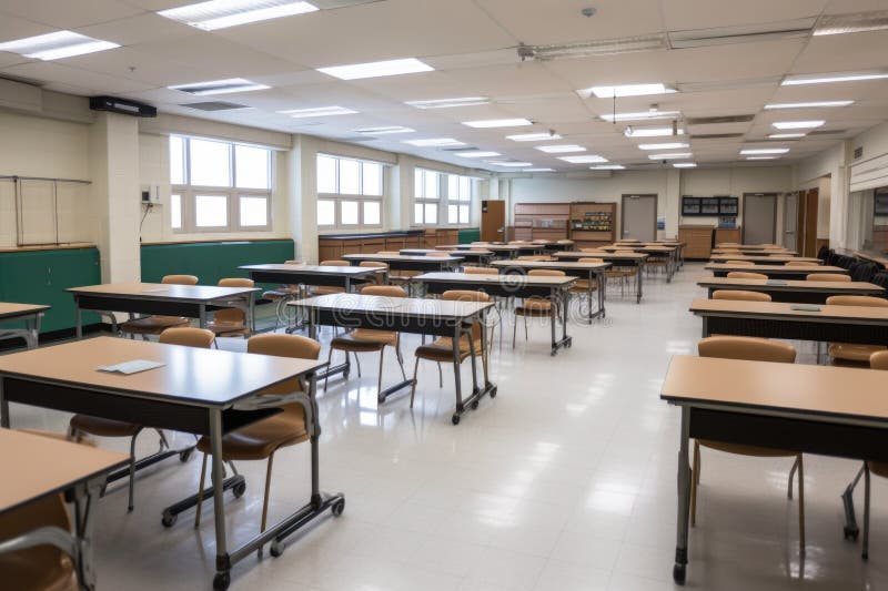 Classroom with Rows of Tables and Chairs, Ready for Students To Take ...