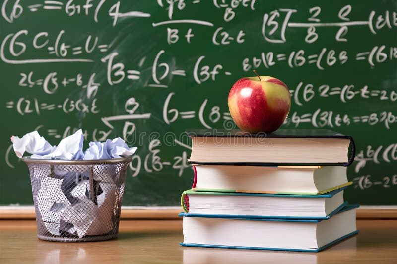 Green Chalkboard with Formulas Books and Apple Symbolize Learning Stock ...