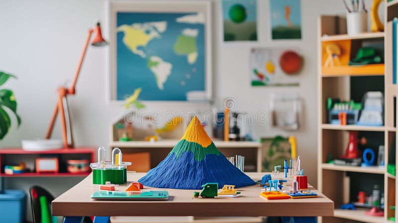 A Classroom Scene Featuring a Model Volcano on a Table, Surrounded by ...