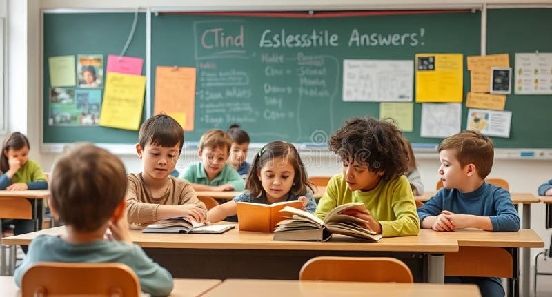 Concentrated Elementary Students Engaged in Reading in Classroom Stock ...