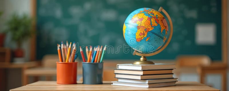 Classroom Scene with Globe Books and Colored Pencils. Educational Concept Showing Geography ...
