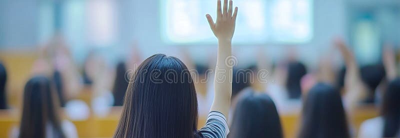 Engaged Students Raising Hands Classroom Blank Banner Space Copy Stock ...