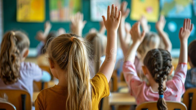 Classroom Scene with Students Raising Their Hands To Answer a Question ...