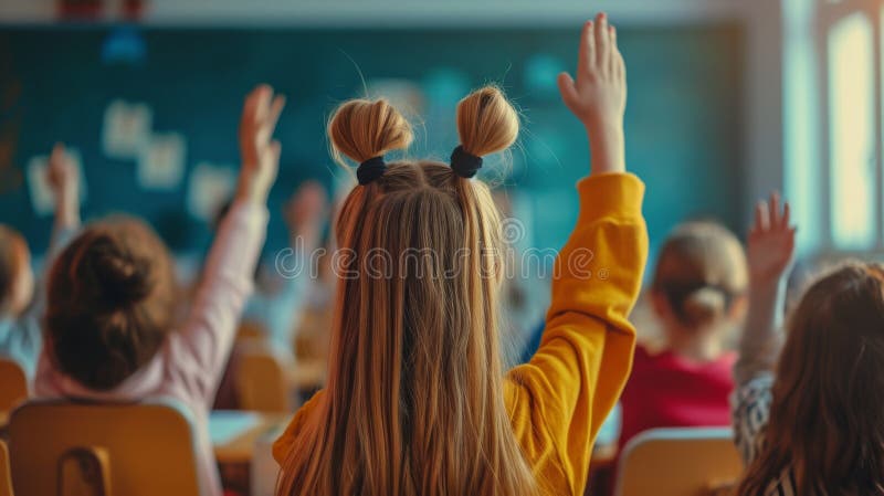 Classroom Scene with Students Raising Their Hands To Answer a Question ...