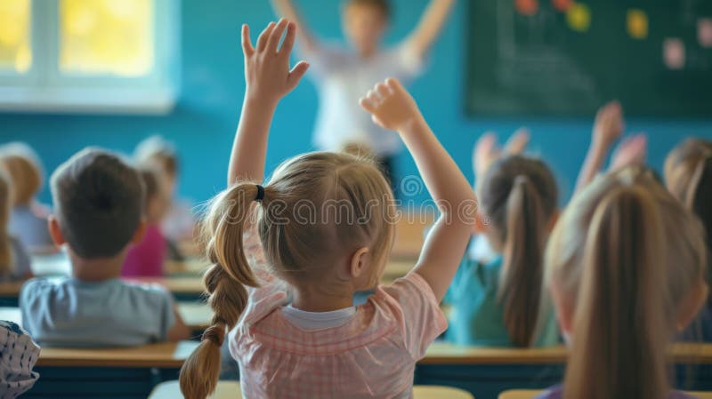 Classroom Scene with Students Raising Their Hands To Answer a Question ...
