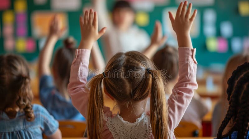 Classroom Scene with Students Raising Their Hands To Answer a Question ...