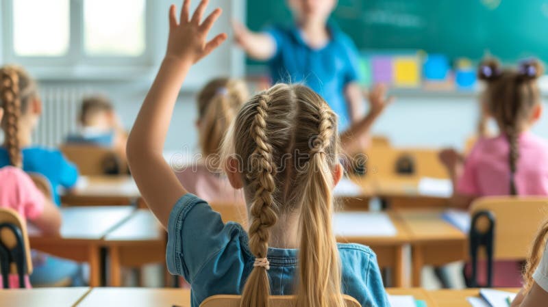 Classroom Scene with Students Raising Their Hands To Answer a Question ...