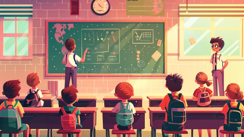 Classroom Scene with Students and Teacher during Lesson Cartoon ...