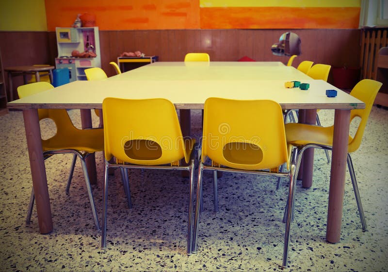 Classroom of a School with Small Yellow Chairs with Vintage Old Stock ...