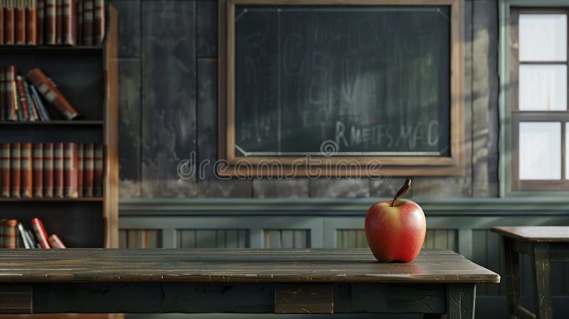Rustic Classroom Still Life Red Apple Wooden Table Bookshelf Old Desk ...