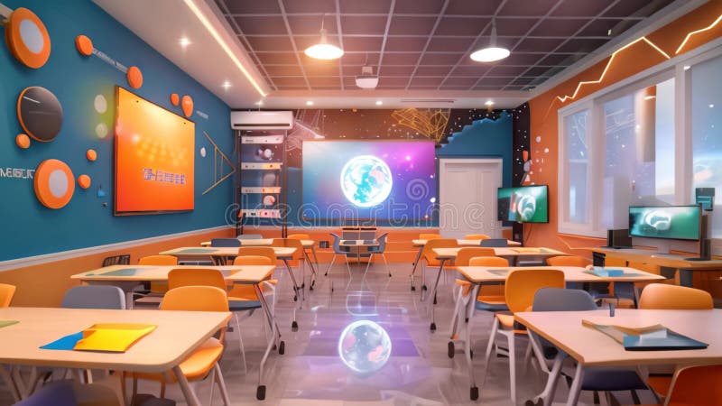 Classroom Setting with Bright Blue Walls and Vibrant Orange Chairs ...