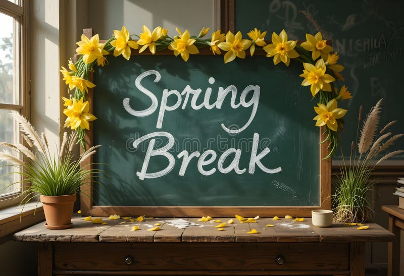 A Classroom Setting Features a Chalkboard with "Spring Break" Written ...