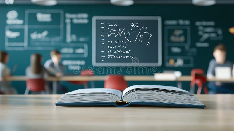 Classroom Setting Featuring Chalkboard Filled with Equations and Open ...