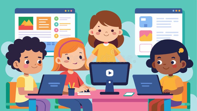 In a Classroom Setting a Group of Kids Engaged in a Fun Game of Coding ...