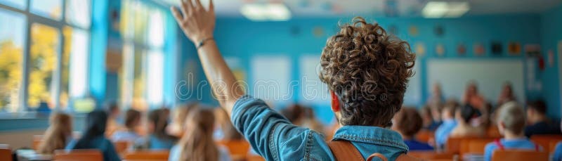 Classroom Setting with a Student Raising Their Hand To Ask a Question. Students and Teacher ...