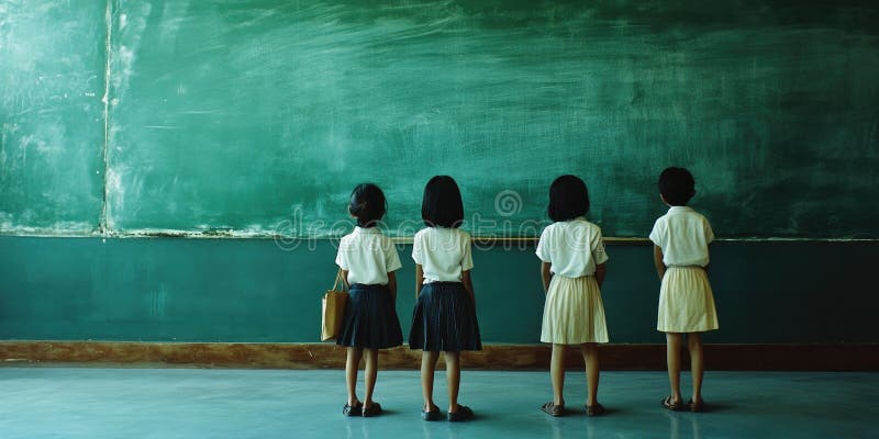 Classroom Setting with Students Standing in Front of a Blackboard ...