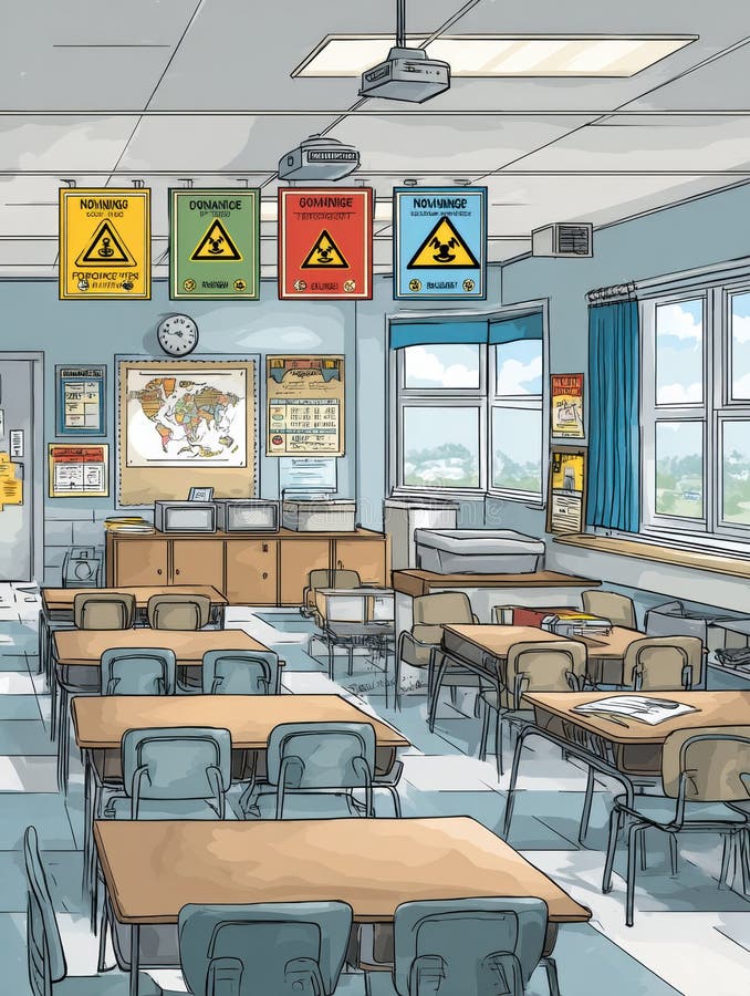 Classroom Setup with Poison Safety Posters and Center Zone Lighting in an Educational ...