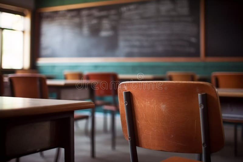 Classroom Setup: School Chairs and Blurred Blackboard Background Stock ...