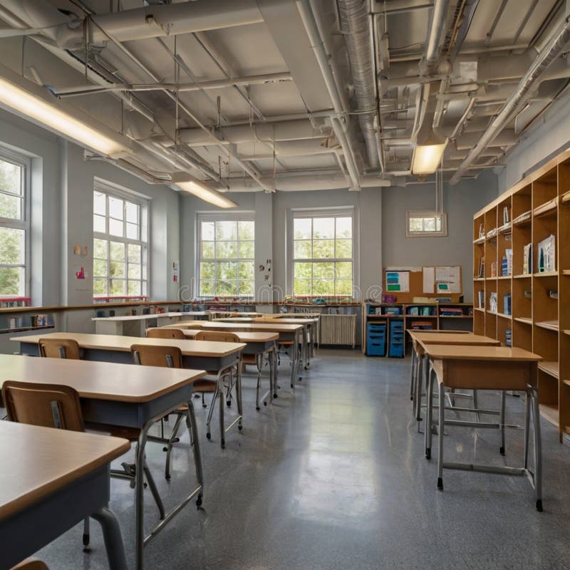 A Classroom with Numerous Shelves and Desks Neatly Arranged for ...