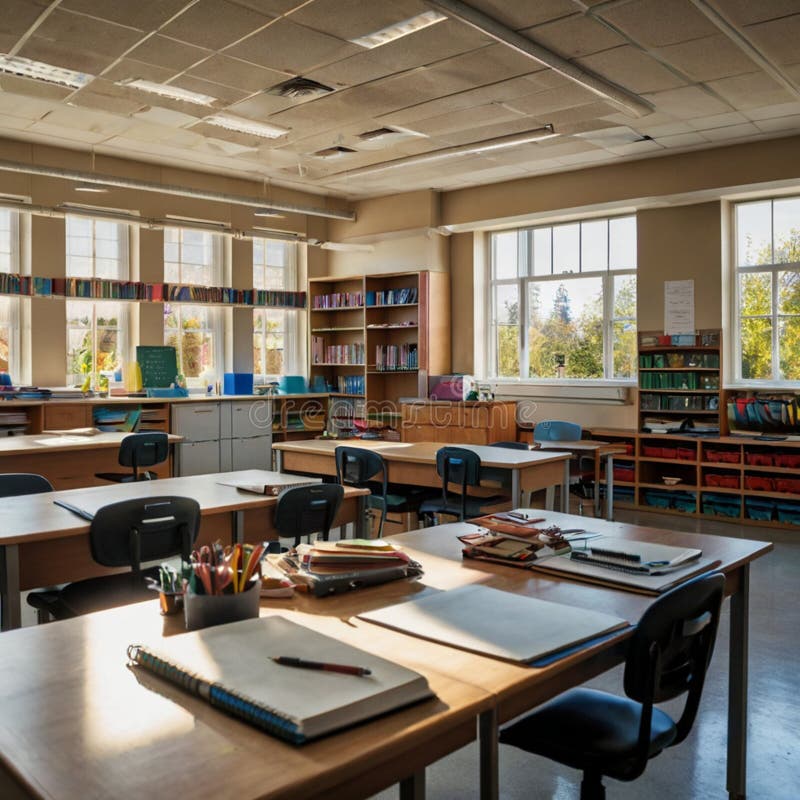 A Classroom with Numerous Shelves and Desks Neatly Arranged for ...