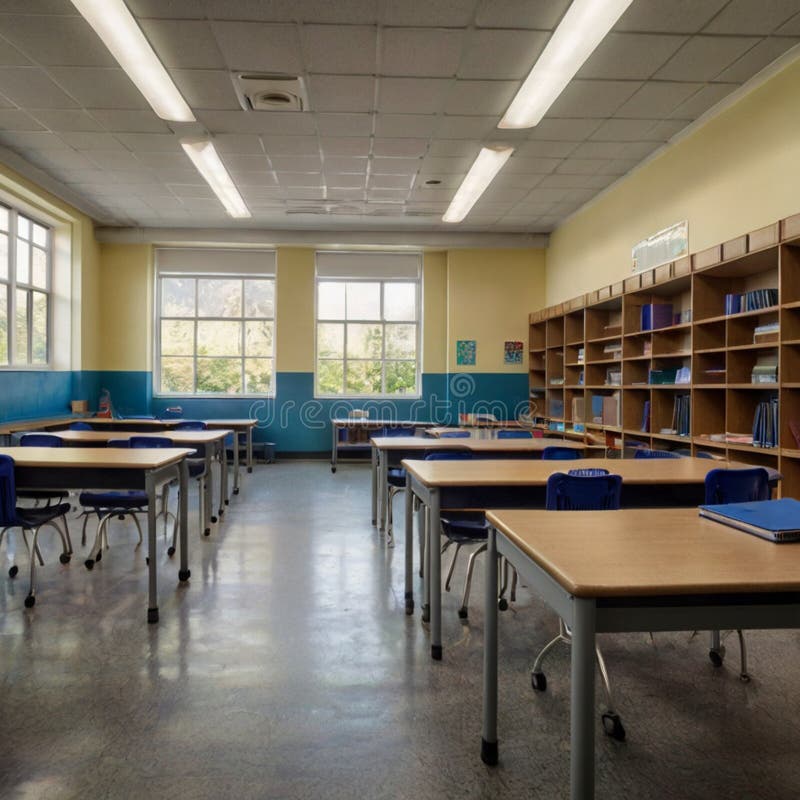 A Classroom with Numerous Shelves and Desks Neatly Arranged for ...