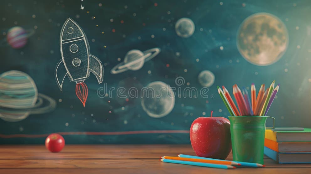 Classroom Space Exploration Drawing with Rocket and Planets, Generative ...