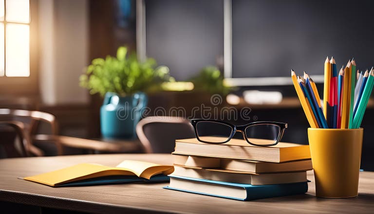 Classroom Still Life with Books, Pencils, and Glasses Stock ...