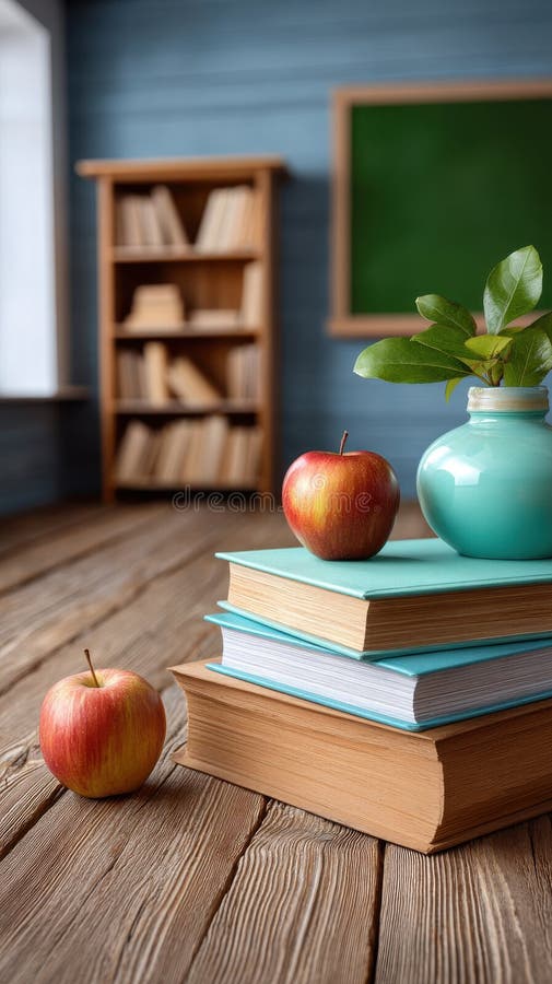 Classroom Still Life Featuring Stack of Books with Apples and Green ...