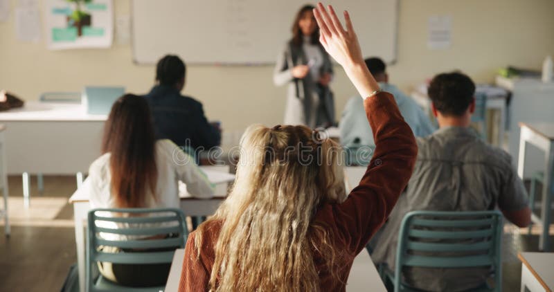 Classroom, Students and Raised Hand for Teacher Question with Education ...