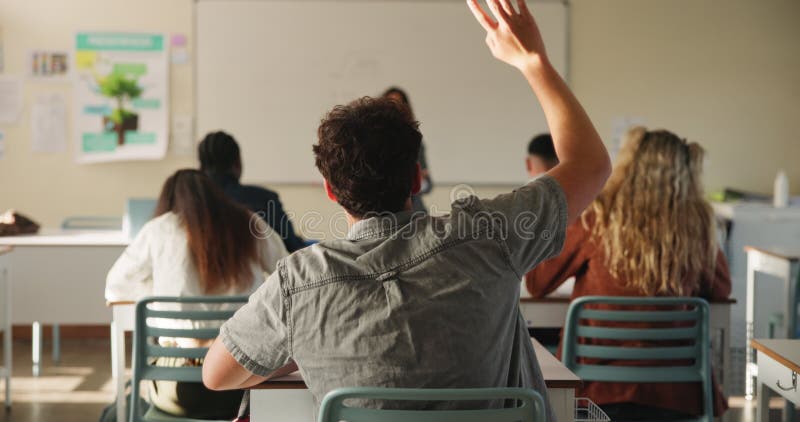 Classroom, Students and Raised Hand for Teacher Question with Education ...